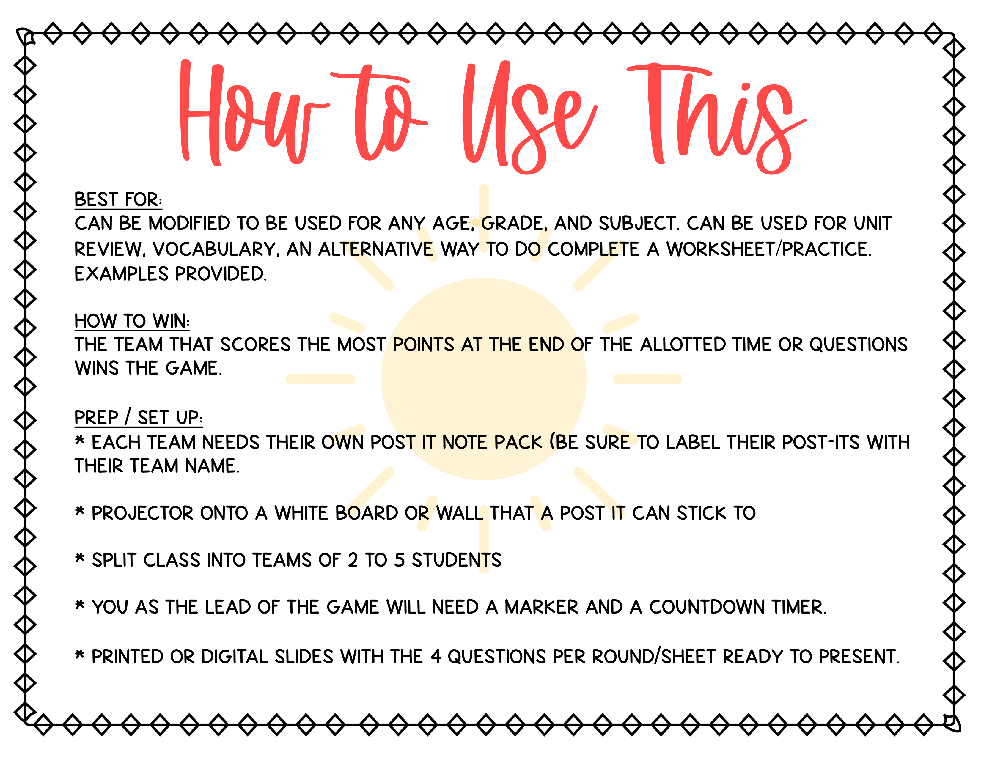 Post It 4 Square Review Game (Elementary, Middle, & High School Level ...