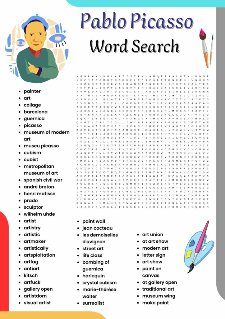 Pablo Picasso word search Puzzle worksheet activities for kids, | Made ...