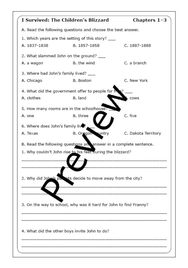 Lauren Tarshis "I Survived the Children's Blizzard, 1888" worksheets ...