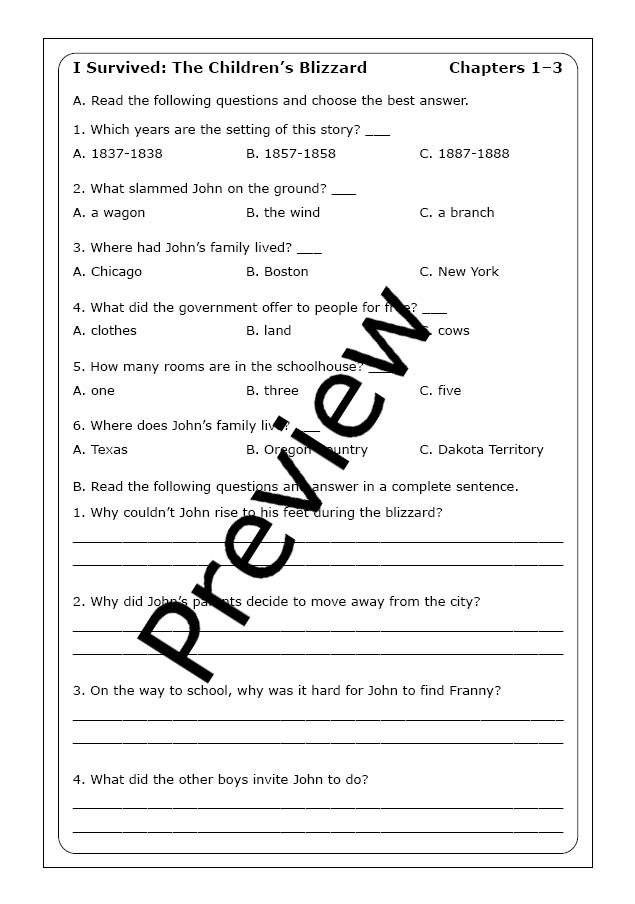 Lauren Tarshis "I Survived the Children's Blizzard, 1888" worksheets ...