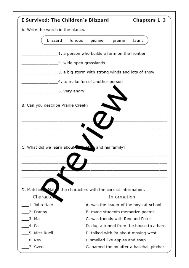 Lauren Tarshis "I Survived the Children's Blizzard, 1888" worksheets ...