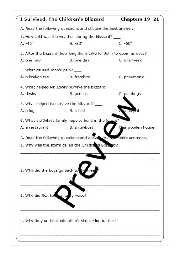 Lauren Tarshis "I Survived the Children's Blizzard, 1888" worksheets ...