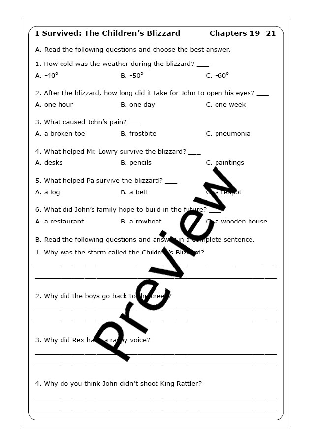 Lauren Tarshis "I Survived the Children's Blizzard, 1888" worksheets ...