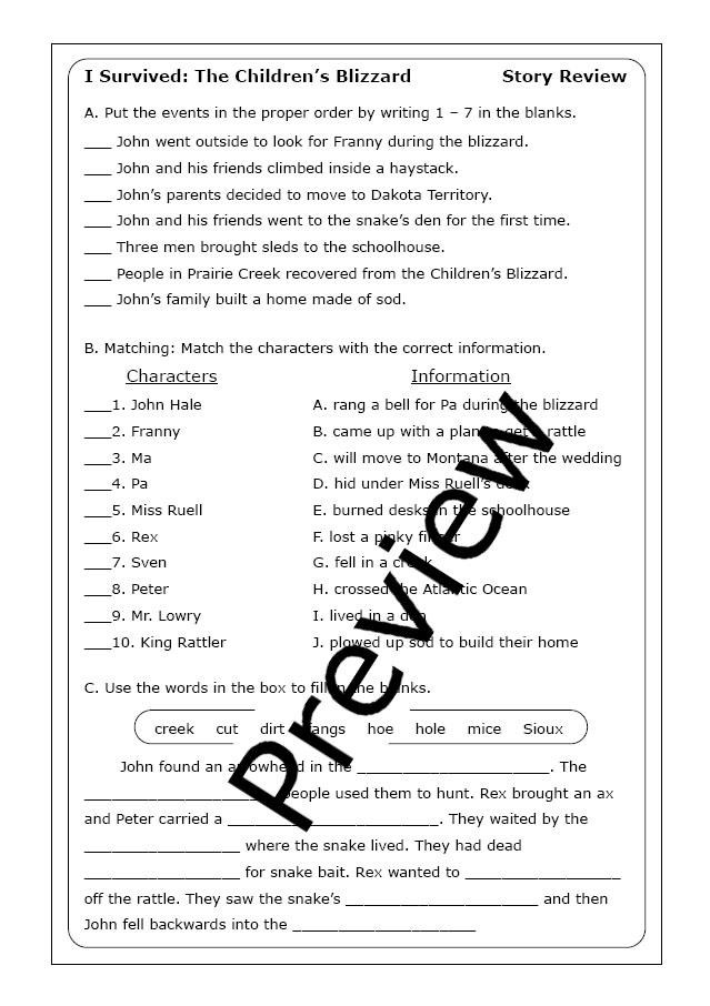 Lauren Tarshis "I Survived the Children's Blizzard, 1888" worksheets ...