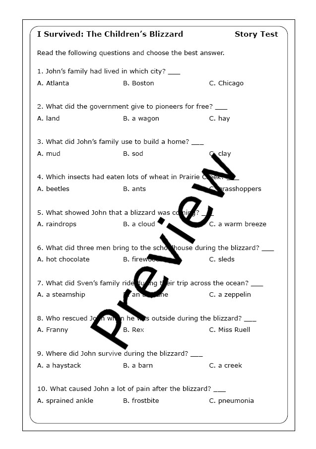 Lauren Tarshis "I Survived the Children's Blizzard, 1888" worksheets ...