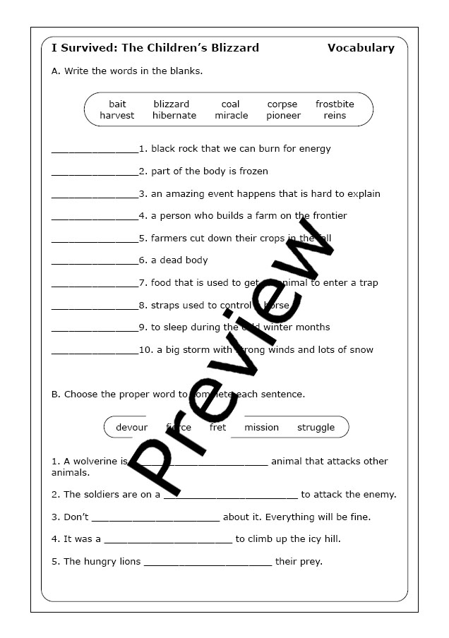 Lauren Tarshis "I Survived the Children's Blizzard, 1888" worksheets ...
