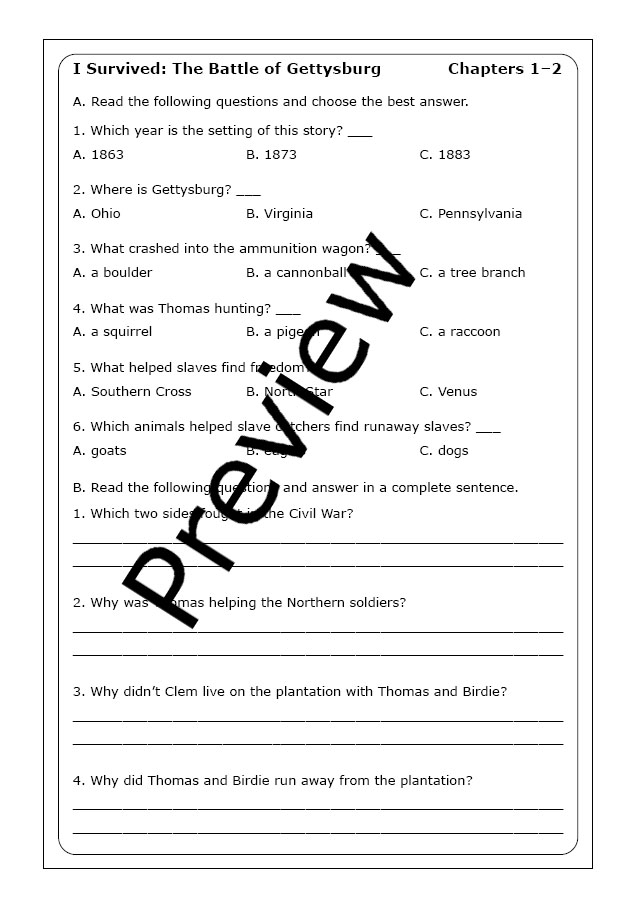 Lauren Tarshis "I Survived the Battle of Gettysburg, 1863" worksheets ...