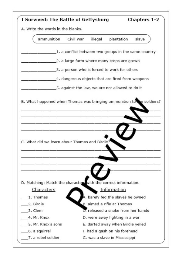 Lauren Tarshis "I Survived the Battle of Gettysburg, 1863" worksheets ...