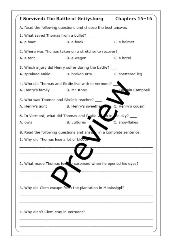 Lauren Tarshis "I Survived the Battle of Gettysburg, 1863" worksheets ...