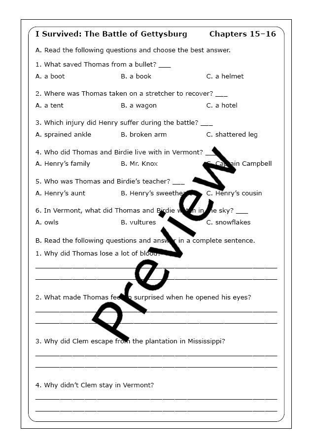 Lauren Tarshis "I Survived the Battle of Gettysburg, 1863" worksheets ...
