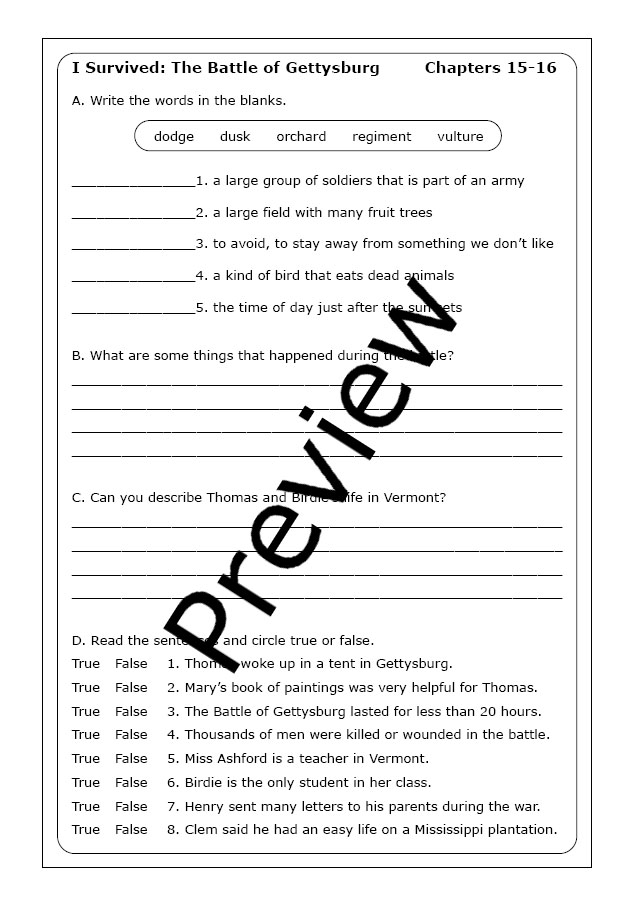 Lauren Tarshis "I Survived the Battle of Gettysburg, 1863" worksheets ...