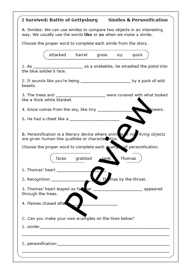 Lauren Tarshis "I Survived the Battle of Gettysburg, 1863" worksheets ...