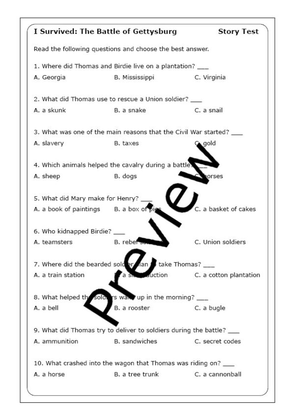 Lauren Tarshis "I Survived the Battle of Gettysburg, 1863" worksheets ...