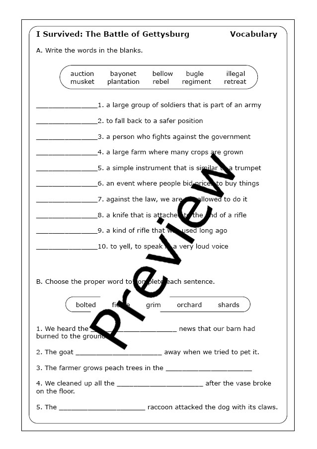 Lauren Tarshis "I Survived the Battle of Gettysburg, 1863" worksheets ...