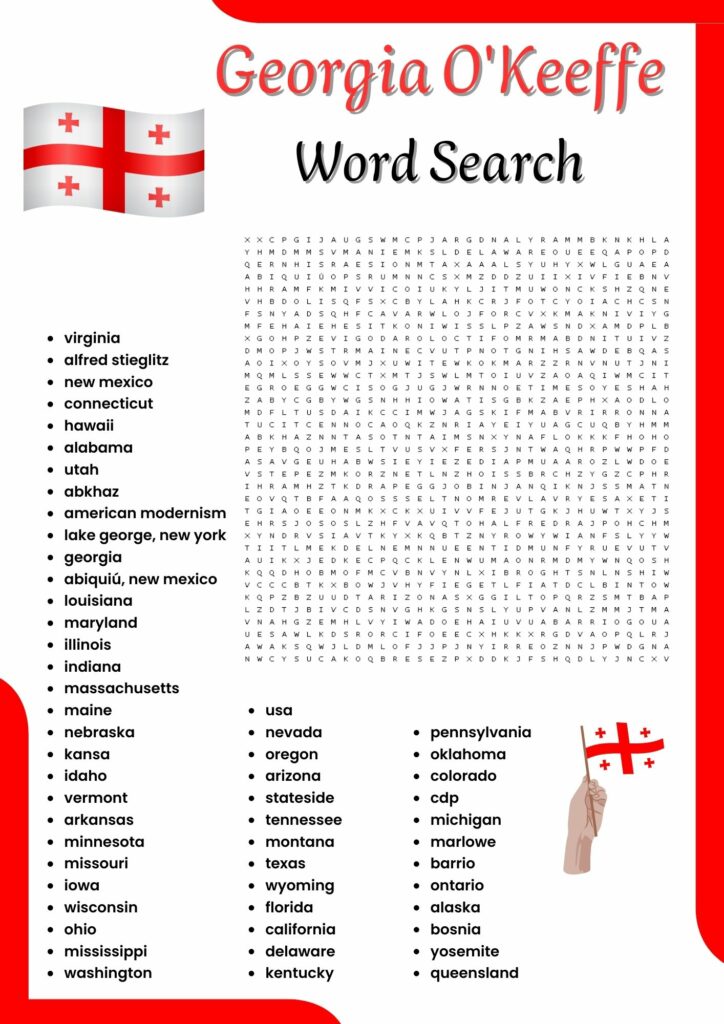 Georgia O'Keeffe word search Puzzle worksheet activities for kids ...