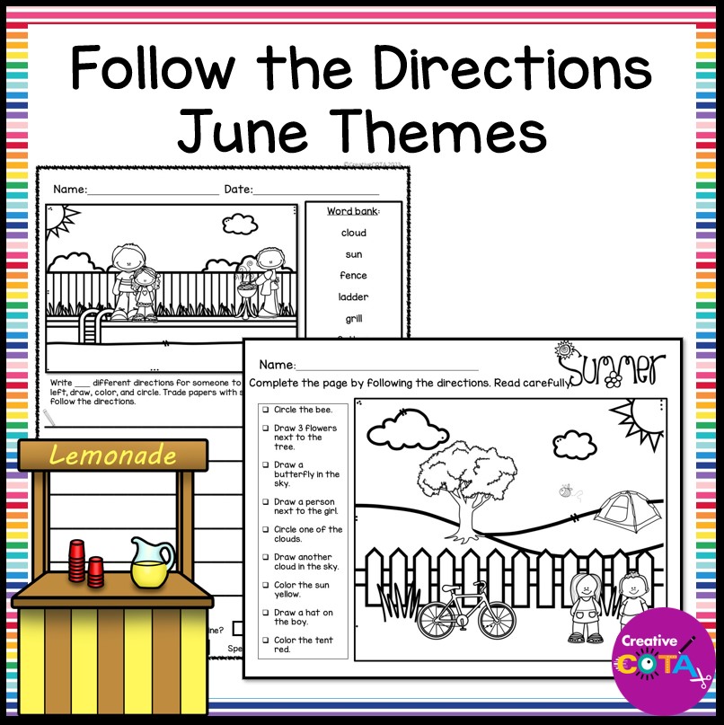 June Following Directions & Listening Comprehension Skills Coloring ...