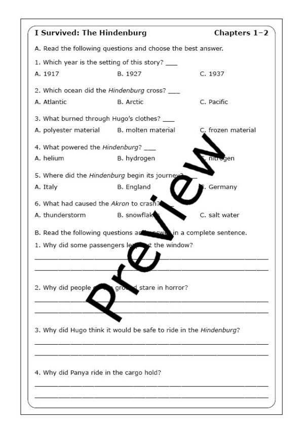 Lauren Tarshis "I Survived the Hindenburg Disaster, 1937" worksheets ...