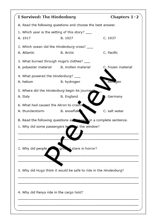 Lauren Tarshis "I Survived the Hindenburg Disaster, 1937" worksheets ...