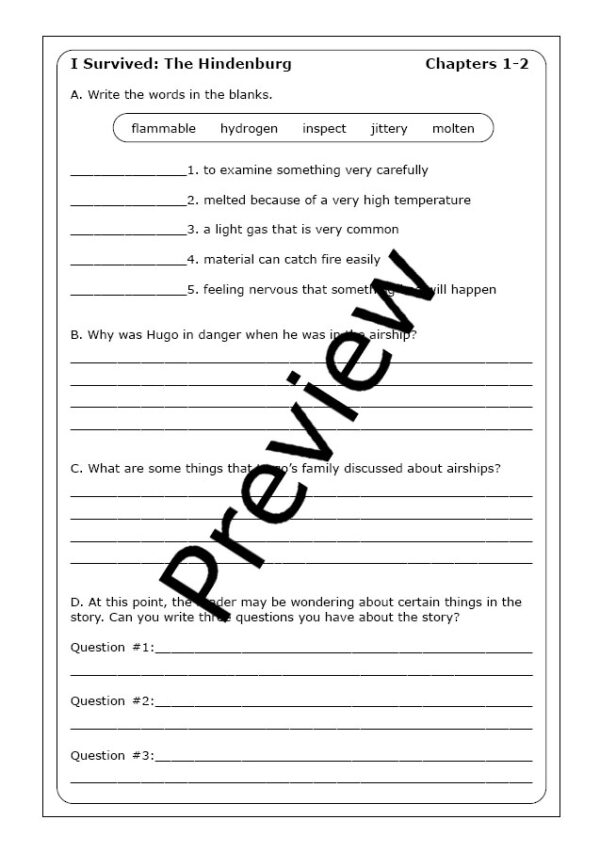 Lauren Tarshis "I Survived the Hindenburg Disaster, 1937" worksheets ...
