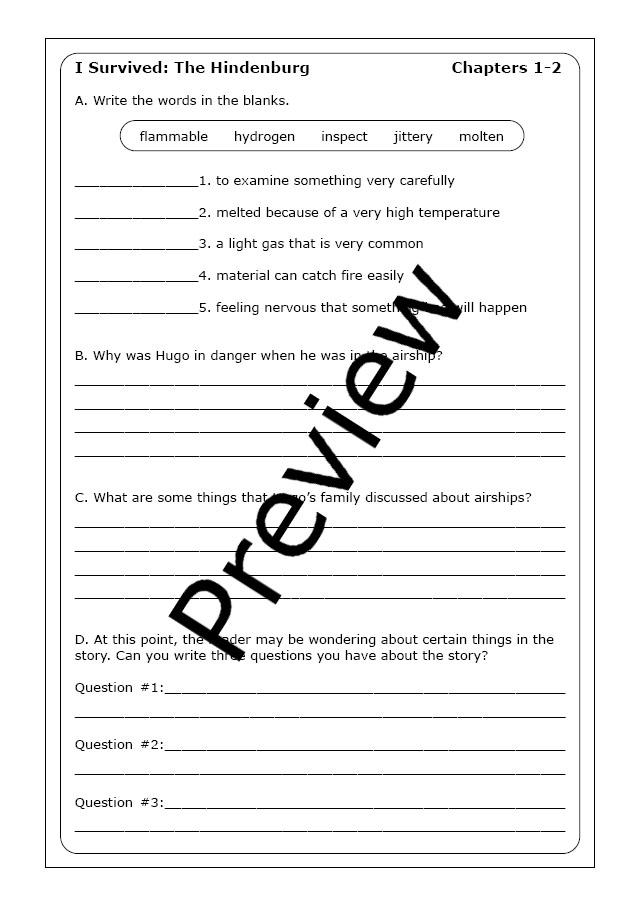 Lauren Tarshis "I Survived the Hindenburg Disaster, 1937" worksheets ...
