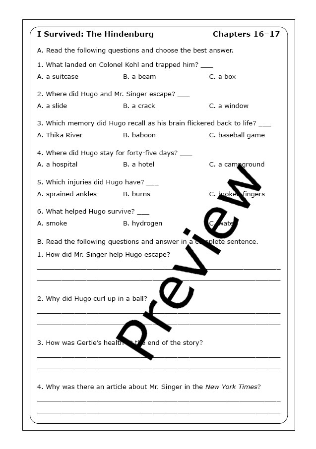 Lauren Tarshis "I Survived the Hindenburg Disaster, 1937" worksheets ...