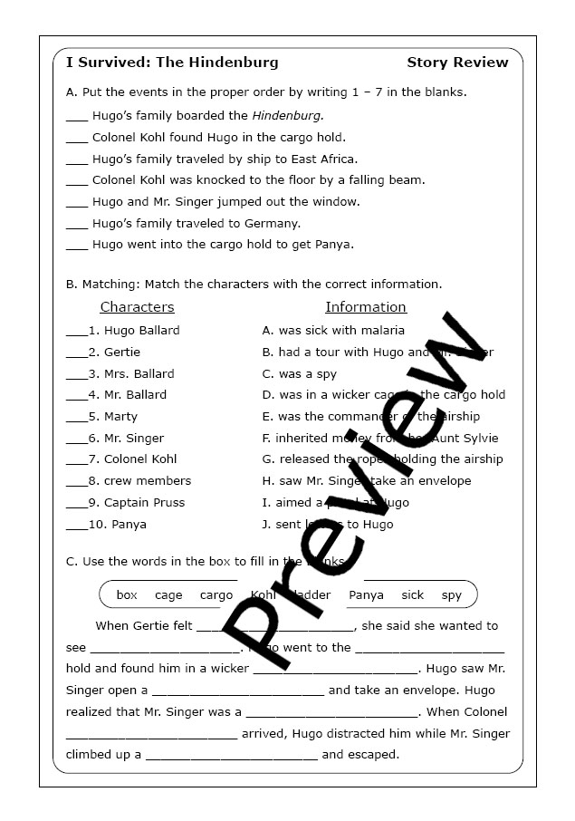 Lauren Tarshis "I Survived the Hindenburg Disaster, 1937" worksheets ...