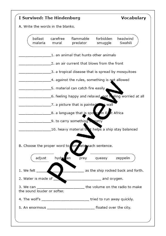 Lauren Tarshis "I Survived the Hindenburg Disaster, 1937" worksheets ...