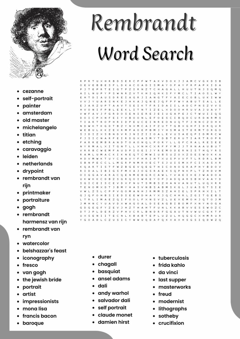 Rembrandt word search Puzzle worksheet activities for kids, | Made By ...