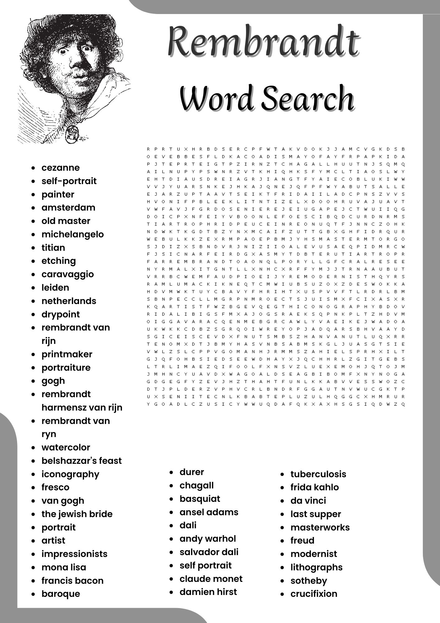 Rembrandt word search Puzzle worksheet activities for kids, | Made By ...