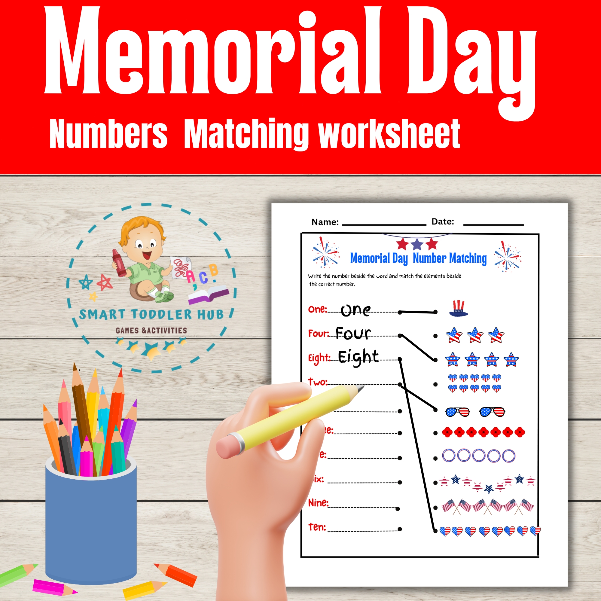 Memorial Day Math Fun: Numbers Matching Worksheet for Kids | Made By ...