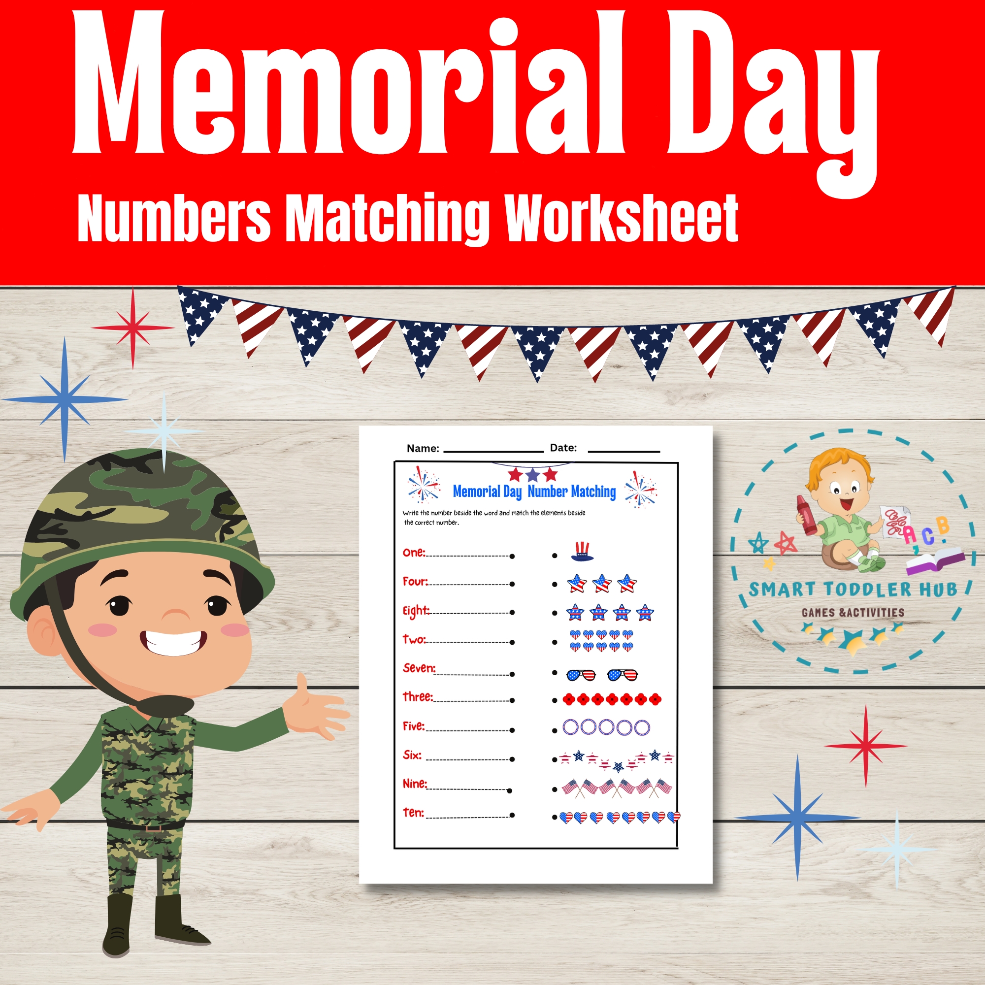 Memorial Day Math Fun: Numbers Matching Worksheet for Kids | Made By ...