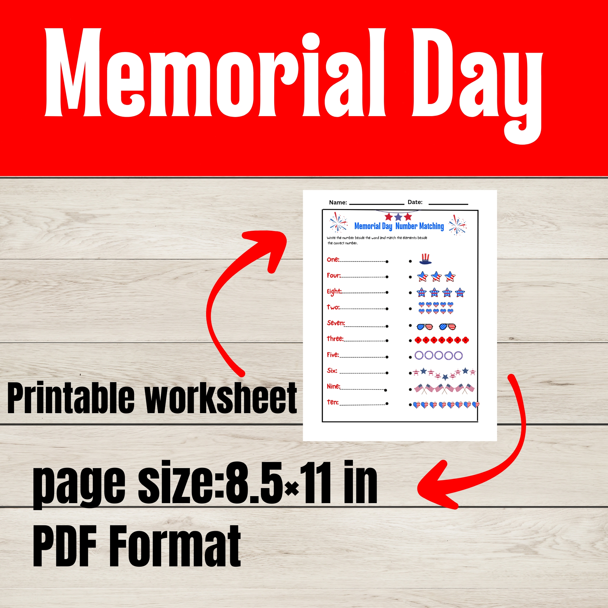 Memorial Day Math Fun: Numbers Matching Worksheet for Kids | Made By ...