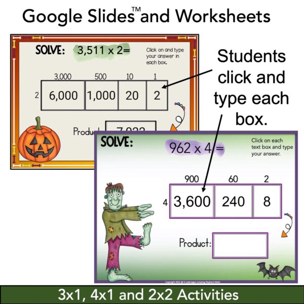 Halloween Area Model Multiplication 3x1 4x1 and 2x2 Google Slides and ...