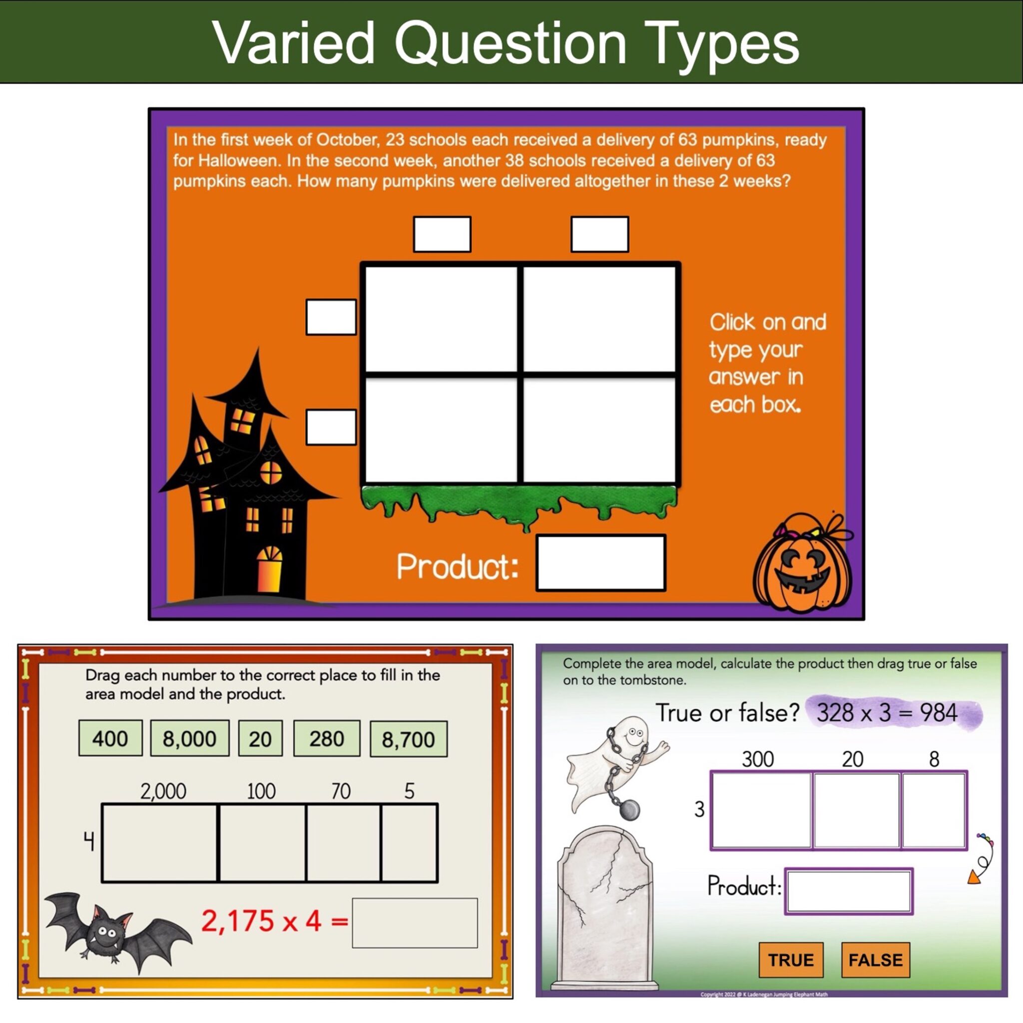 Halloween Area Model Multiplication 3x1 4x1 and 2x2 Google Slides and ...