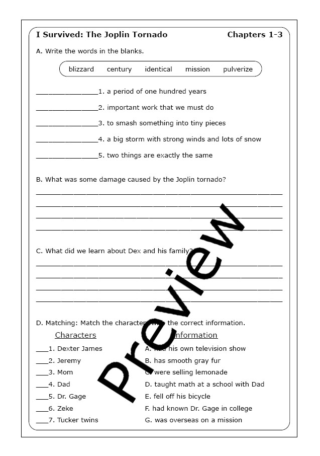 Lauren Tarshis "I Survived the Joplin Tornado, 2011" worksheets | Made ...
