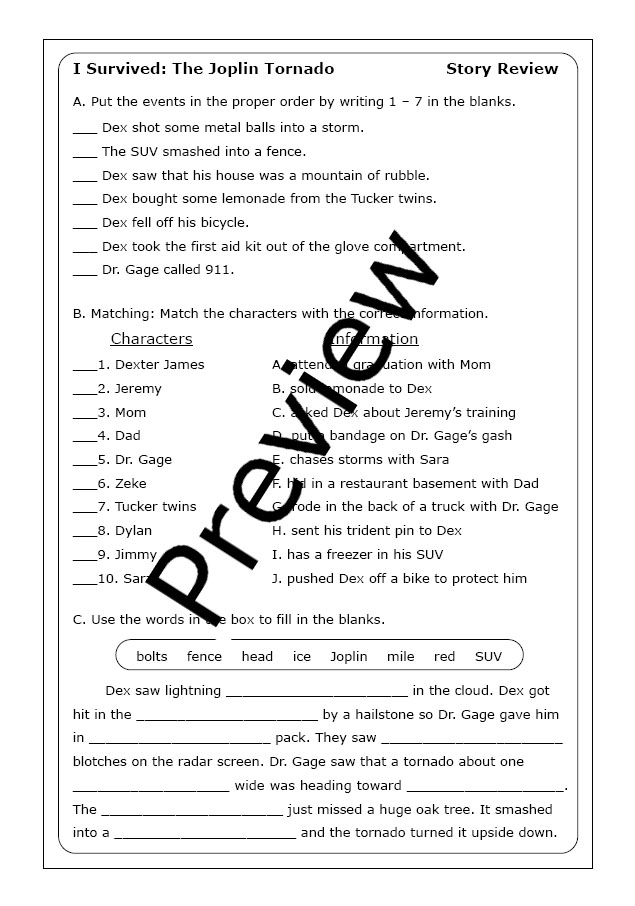 Lauren Tarshis "I Survived the Joplin Tornado, 2011" worksheets | Made ...
