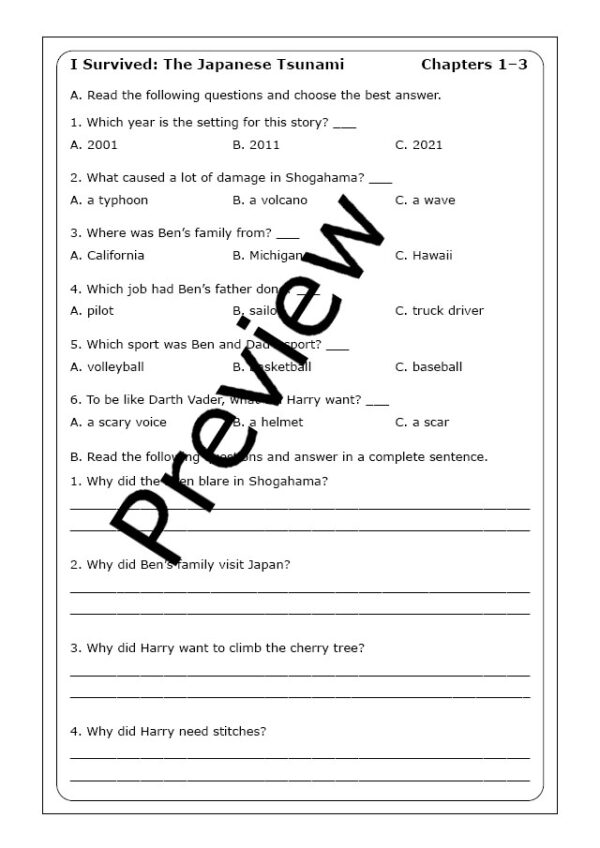 Lauren Tarshis "I Survived the Japanese Tsunami, 2011" worksheets ...