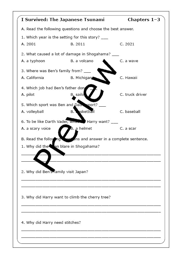 Lauren Tarshis "I Survived the Japanese Tsunami, 2011" worksheets ...