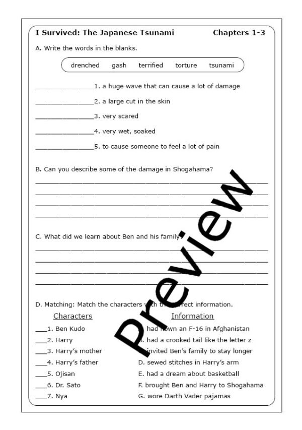 Lauren Tarshis "I Survived the Japanese Tsunami, 2011" worksheets ...