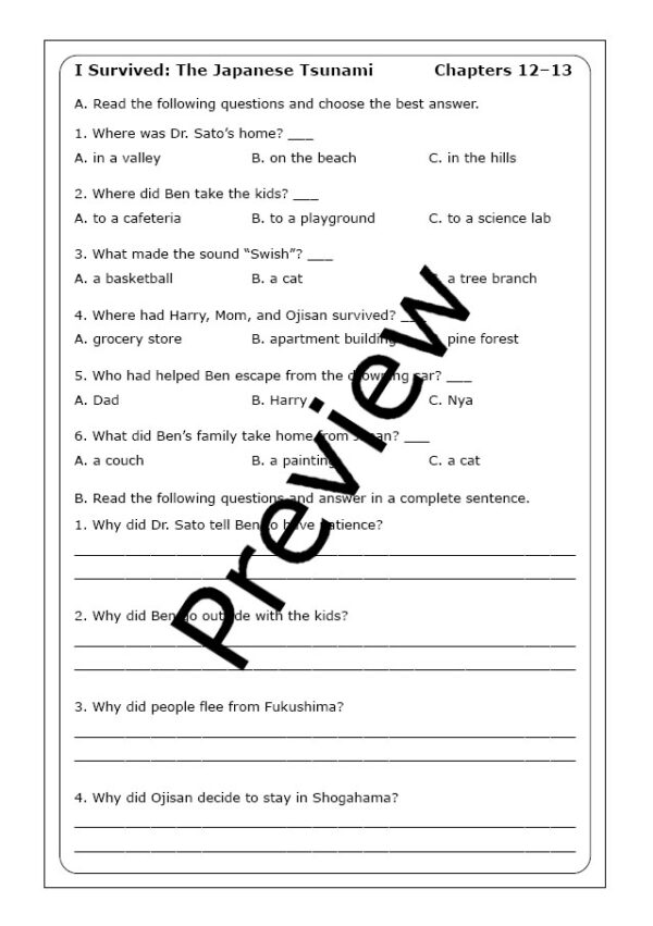 Lauren Tarshis "I Survived the Japanese Tsunami, 2011" worksheets ...