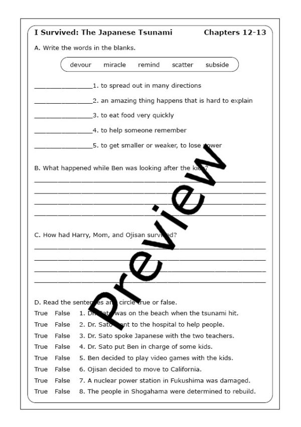 Lauren Tarshis "I Survived the Japanese Tsunami, 2011" worksheets ...