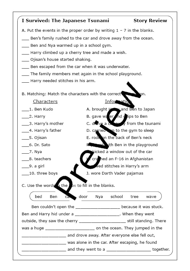 Lauren Tarshis "I Survived the Japanese Tsunami, 2011" worksheets ...