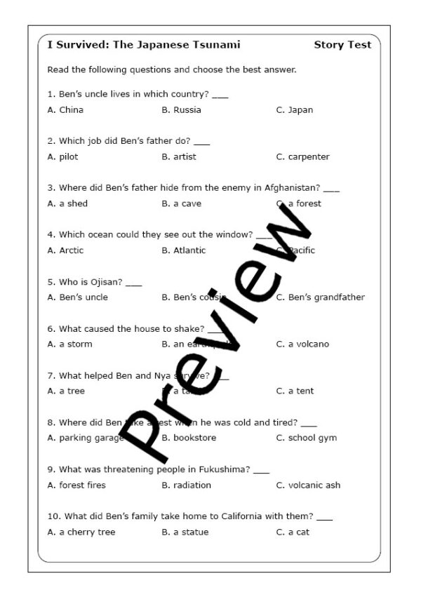 Lauren Tarshis "I Survived the Japanese Tsunami, 2011" worksheets ...