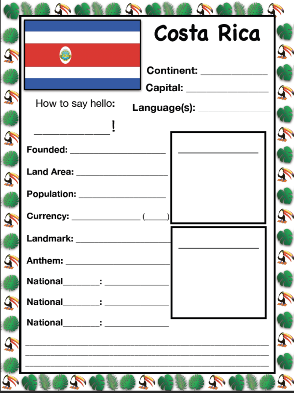 COSTA RICA History & Geography, Travel The World Worksheet | Made By ...