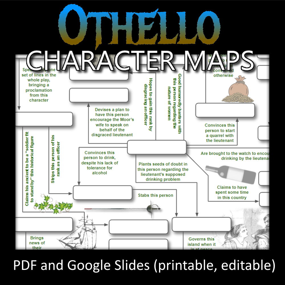 5 OTHELLO Character Maps (Worksheets, Quizzes, Tests, Review) PDF - No ...