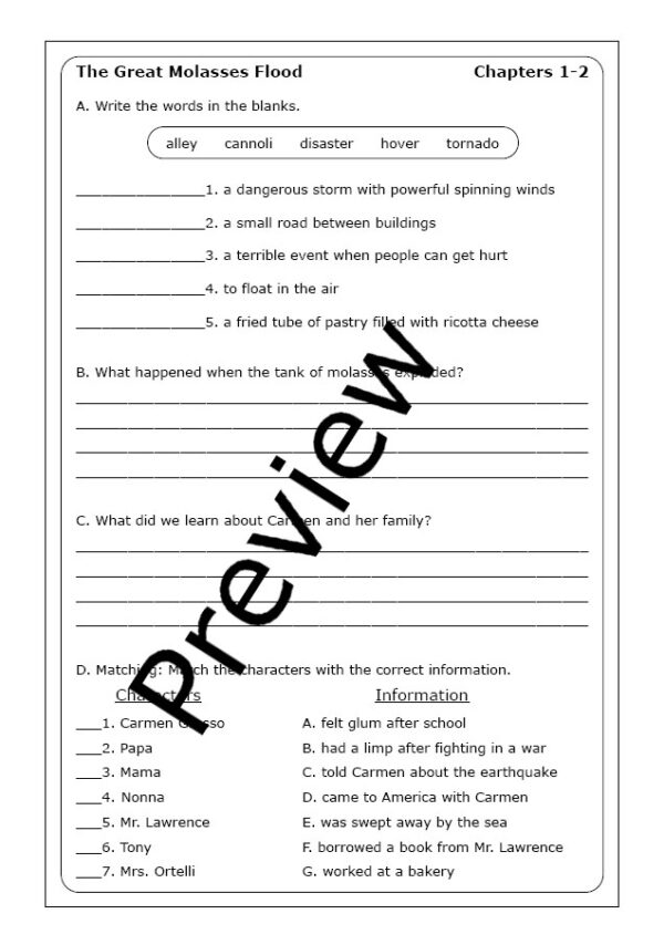 Lauren Tarshis "I Survived the Great Molasses Flood, 1919" worksheets ...