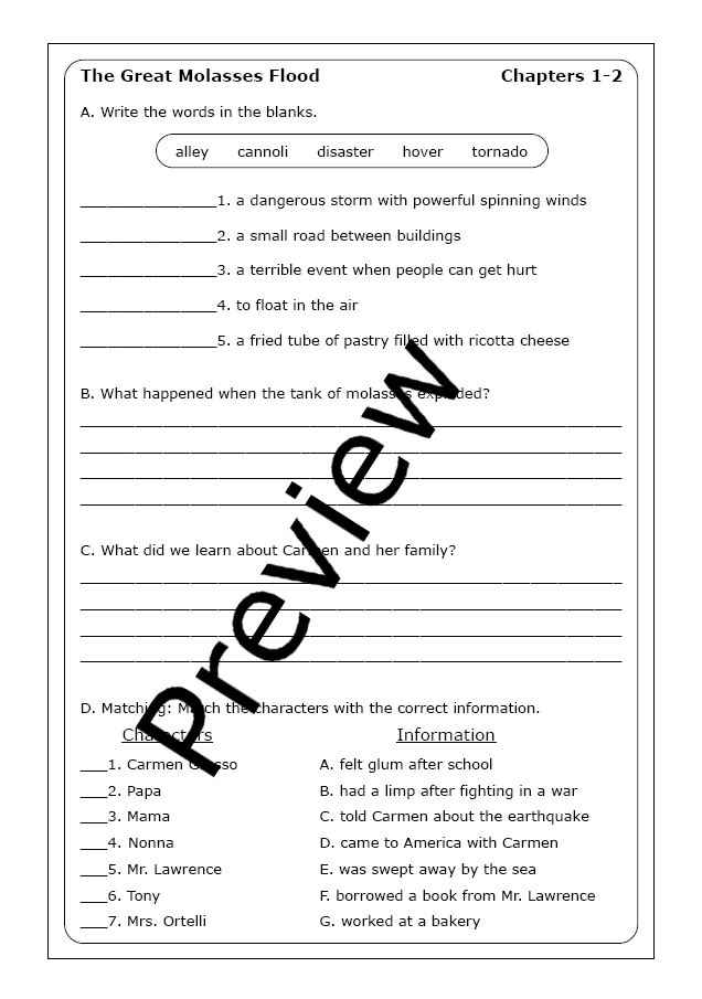 Lauren Tarshis "I Survived the Great Molasses Flood, 1919" worksheets ...