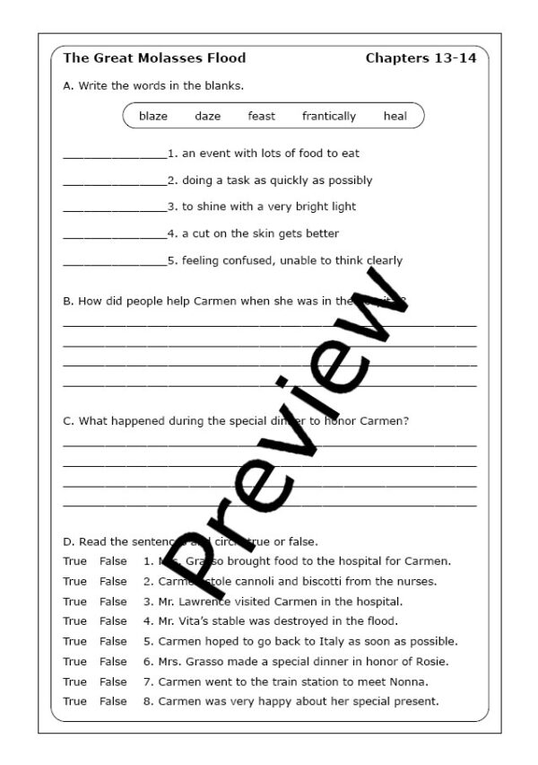 Lauren Tarshis "I Survived the Great Molasses Flood, 1919" worksheets ...