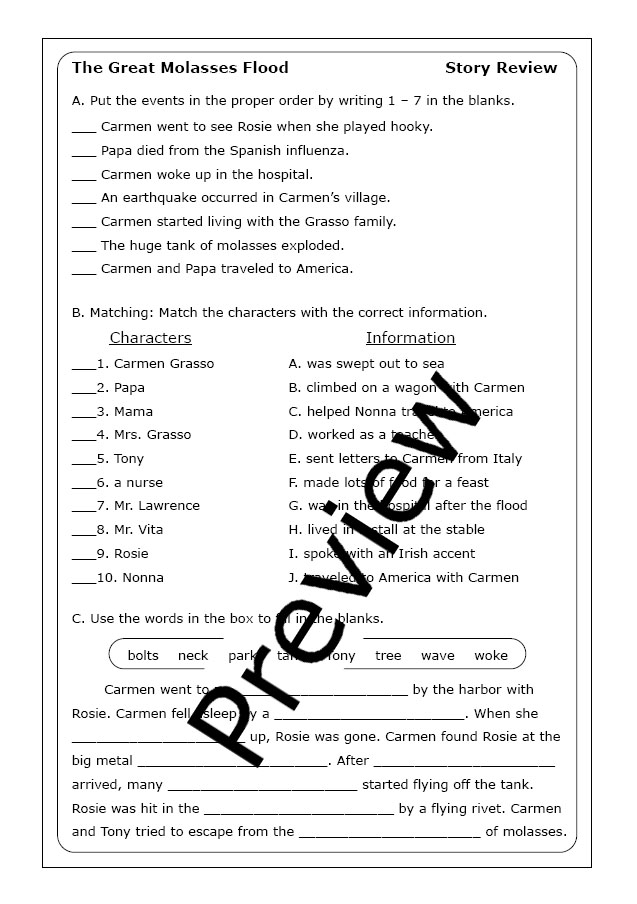 Lauren Tarshis "I Survived the Great Molasses Flood, 1919" worksheets ...