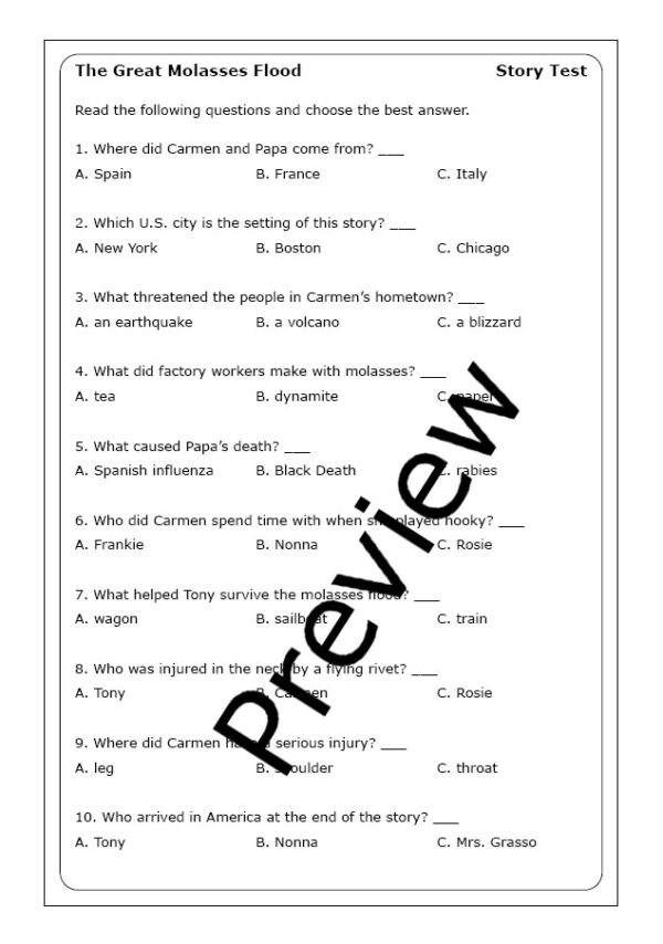 Lauren Tarshis "I Survived the Great Molasses Flood, 1919" worksheets ...